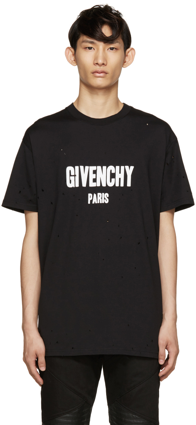 Givenchy: Black Distressed Logo T-Shirt | SSENSE UK