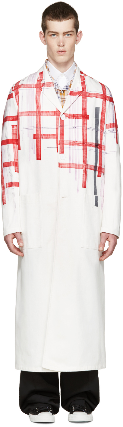 Raf Simons: White Fragmented Plaid Coat | SSENSE Canada