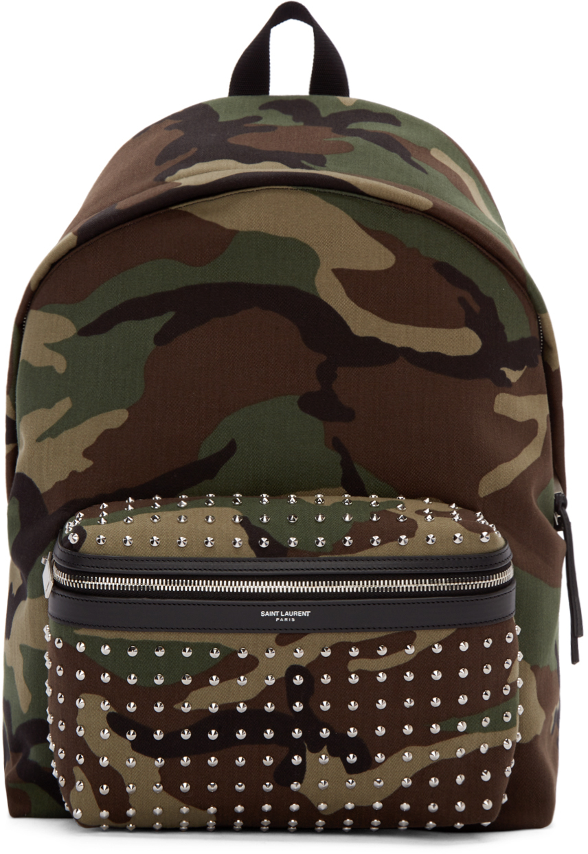 Saint Laurent: Green & Brown Canvas Camouflage Backpack | SSENSE