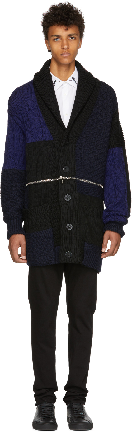 Alexander McQueen: Navy & Black Punk Patchwork Knitted Cardigan | SSENSE