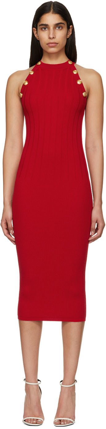 Balmain: Red Buttoned Knit Dress | SSENSE