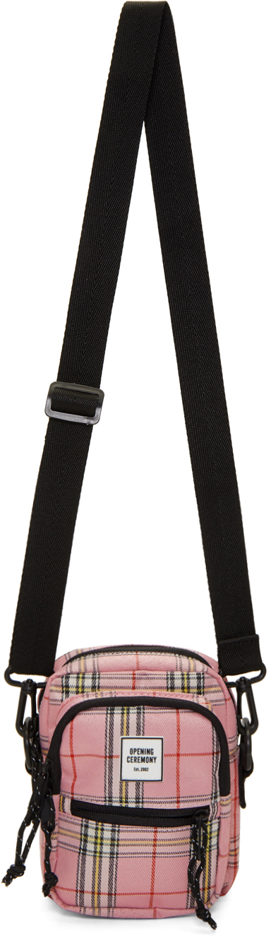 Opening Ceremony: Pink & Black Plaid Messenger Bag | SSENSE Canada