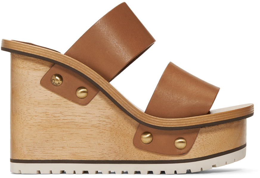 Chloé: Tan Wooden Wedge Sandals | SSENSE Canada
