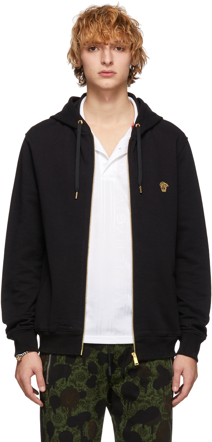 Versace: Black Embroidered Medusa Zip-Up Hoodie | SSENSE Canada