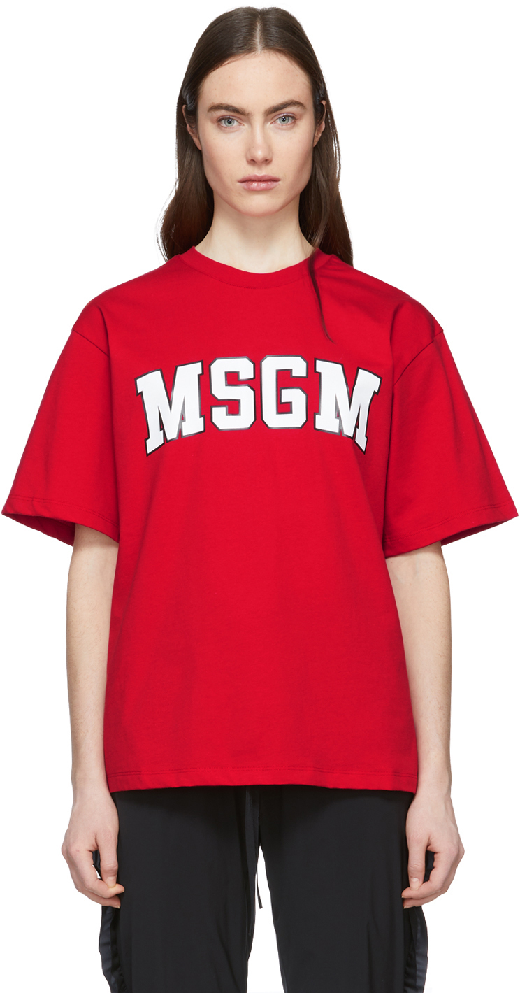 MSGM: Red College Logo T-Shirt | SSENSE