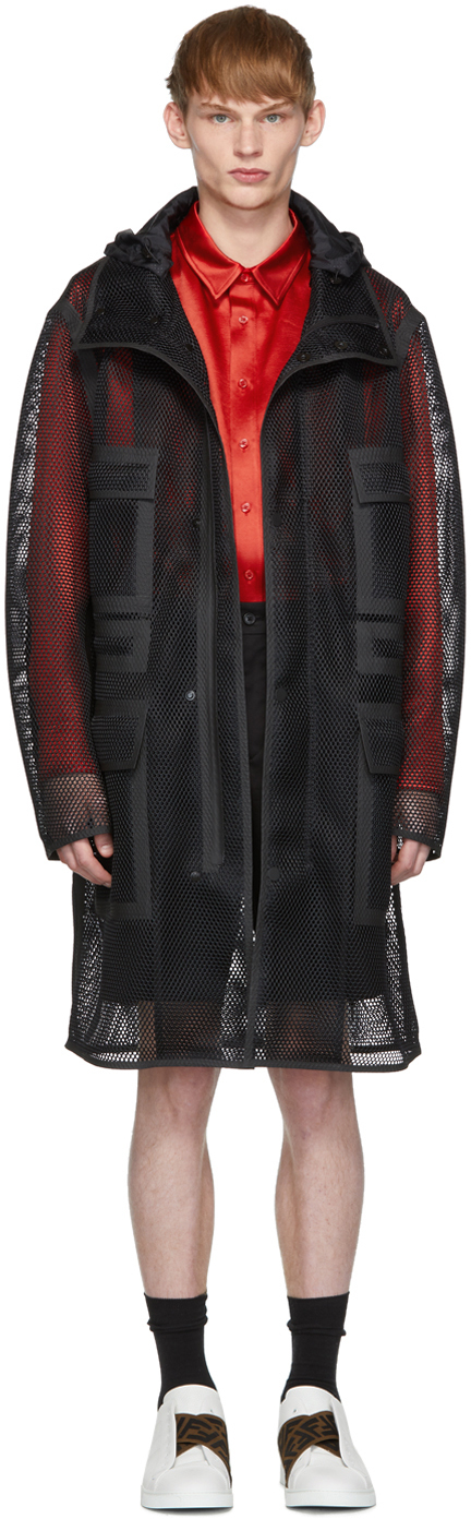 Fendi: Black Mesh 'Fendi Mania' Hooded Coat | SSENSE Canada