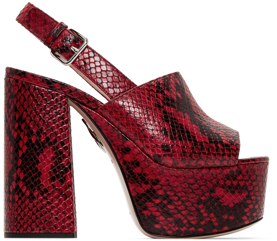 Miu Miu: Red Python Print Sandals | SSENSE Canada
