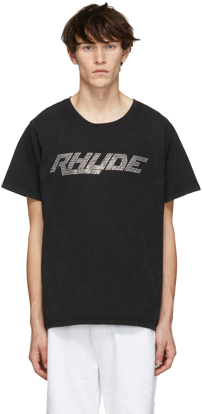 Rhude: Black Rhinestone Logo T-Shirt | SSENSE Canada