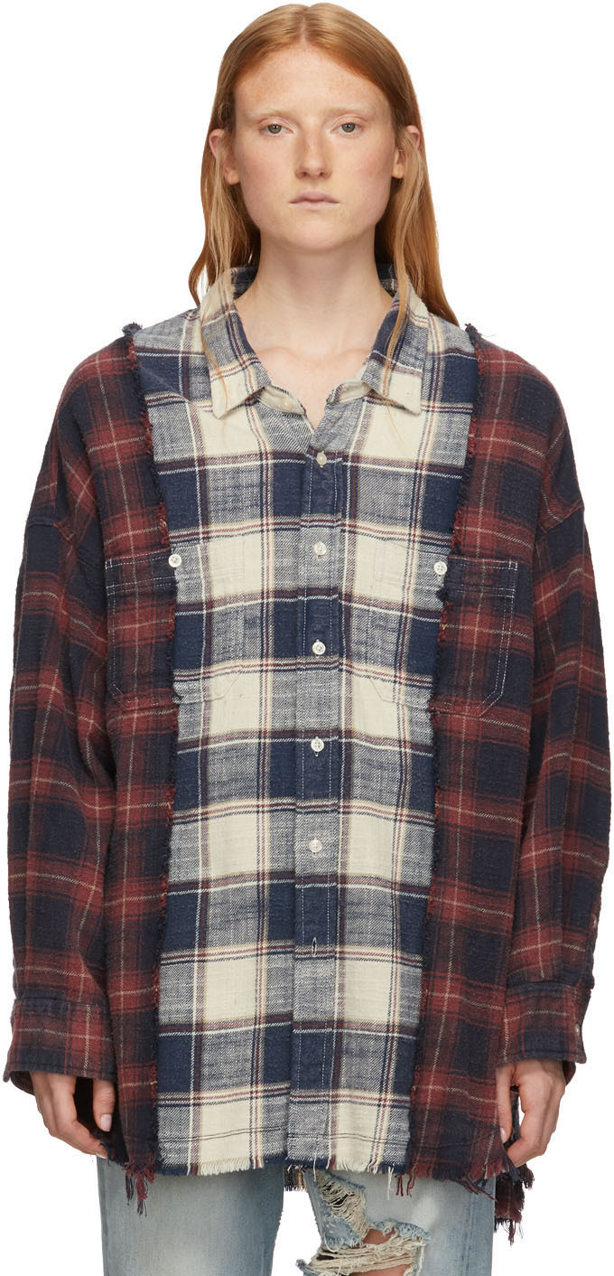 R13: Red & Navy Drop Neck Combo Work Shirt | SSENSE Canada