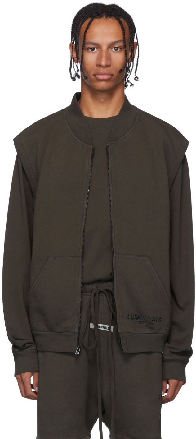 Essentials: SSENSE UK Exclusive Khaki Sleeveless Zip-Up Sweater | SSENSE