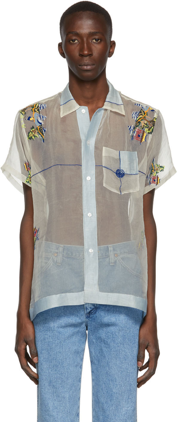 Bode: Blue & Off-White Sheer Pagoda Scene Shirt | SSENSE 대한민국