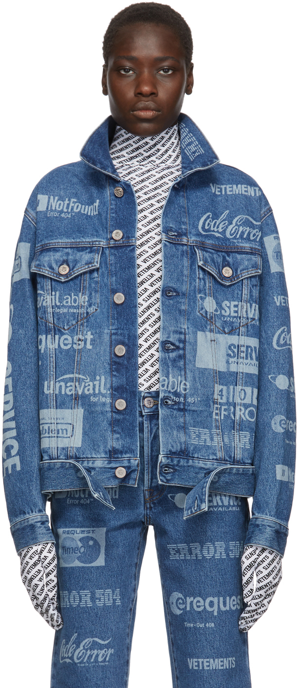 VETEMENTS: Blue Fully Branded Denim Jacket | SSENSE