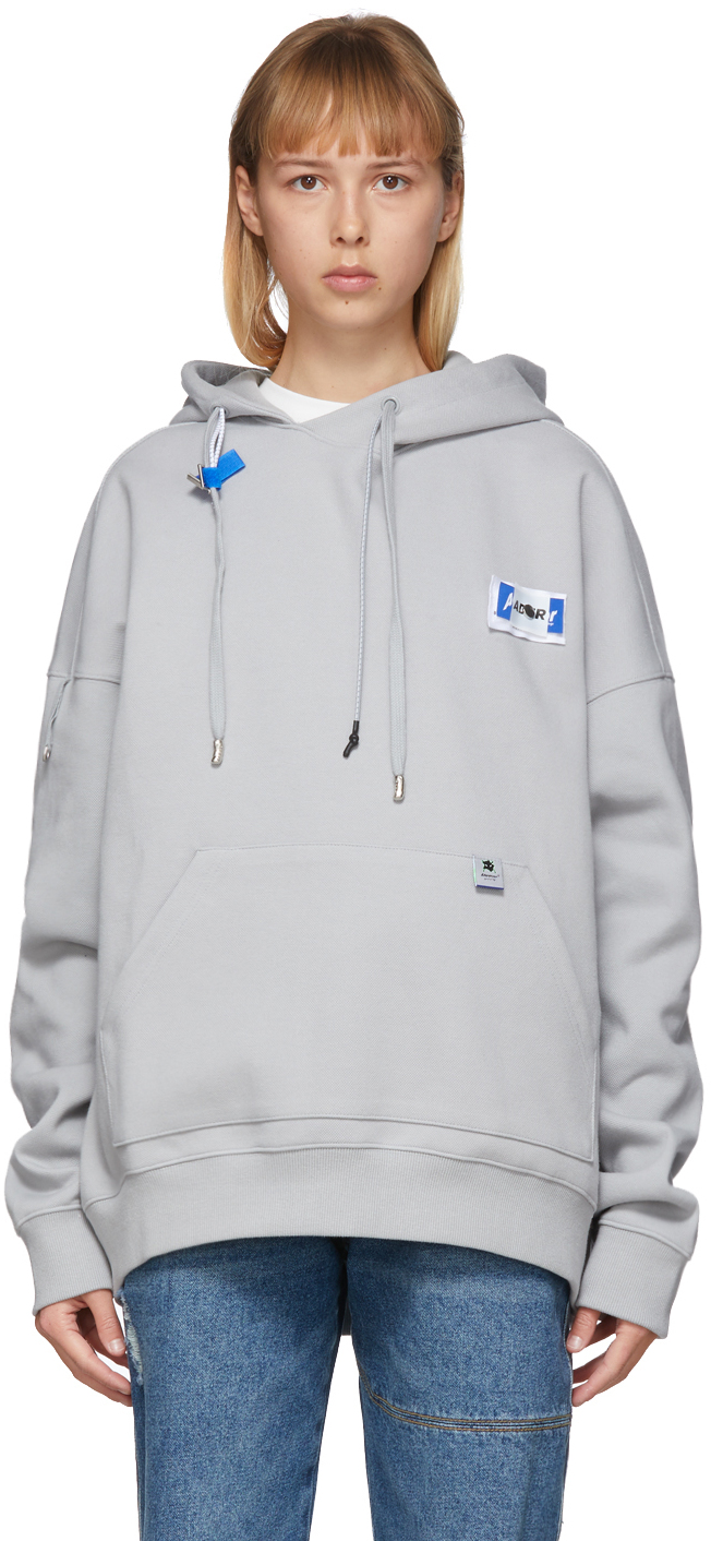 ADER error: Grey Rivet Label Hoodie | SSENSE Canada