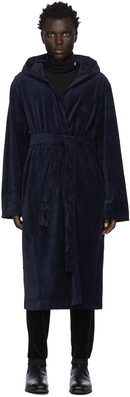 BOSS: Navy Velour Hooded Robe | SSENSE UK