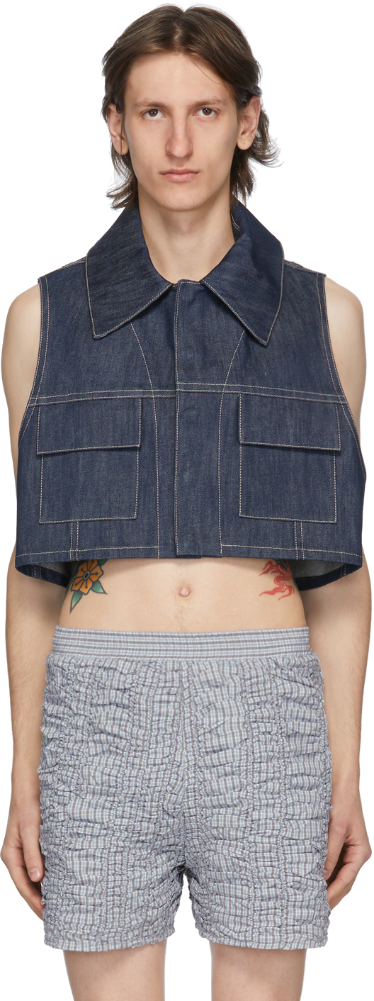 Bianca Saunders: Indigo Denim Cropped Vest | SSENSE UK
