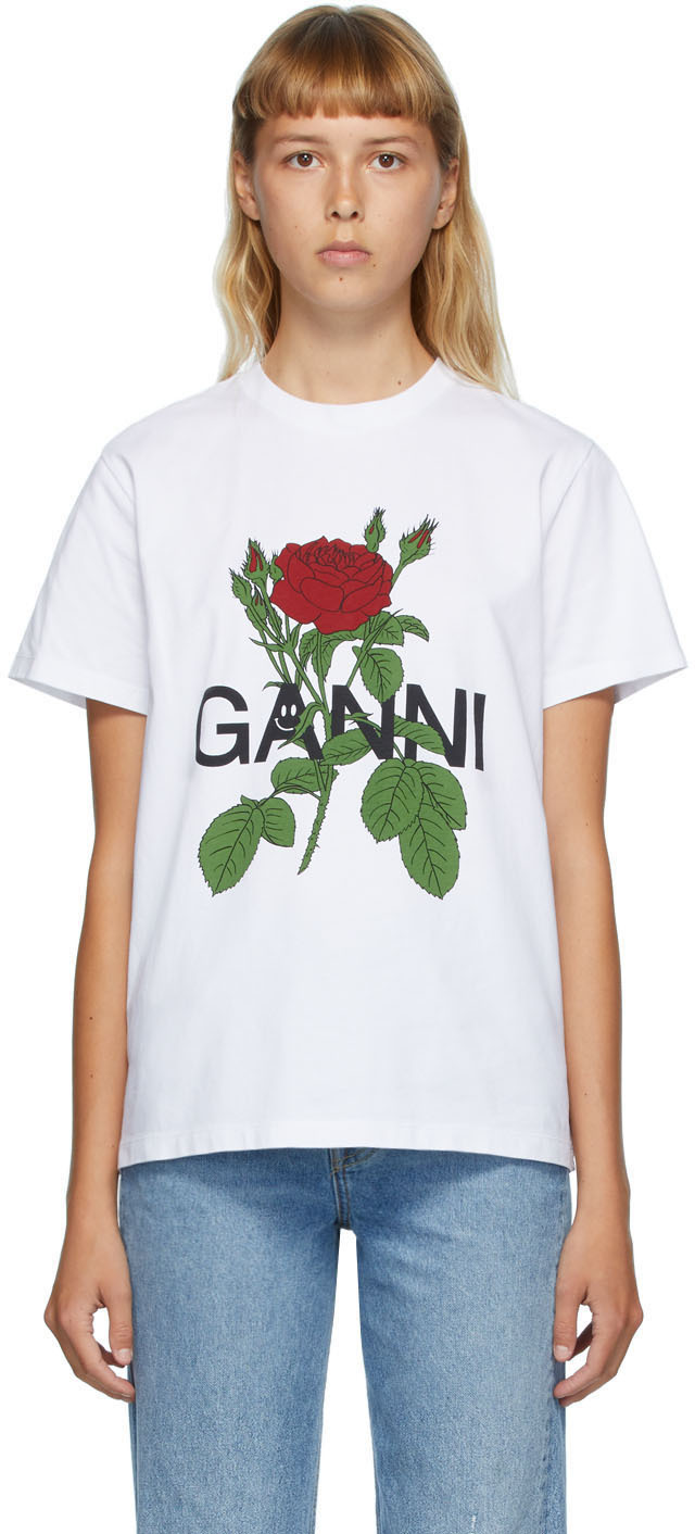 GANNI: 白色 Rose 有机棉 T 恤 | SSENSE