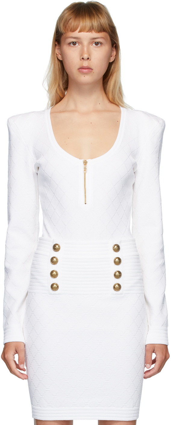 Balmain: White Diamond Knit Long Sleeve Bodysuit | SSENSE Canada