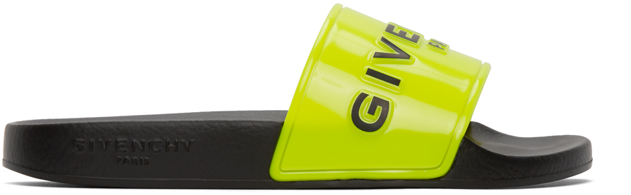 Givenchy: Yellow & Black Logo Flat Slides | SSENSE UK