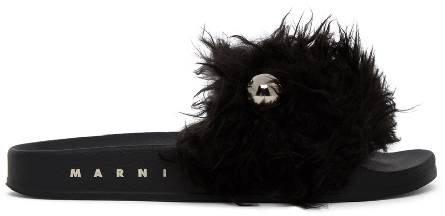Marni: Black Furry Slides | SSENSE UK