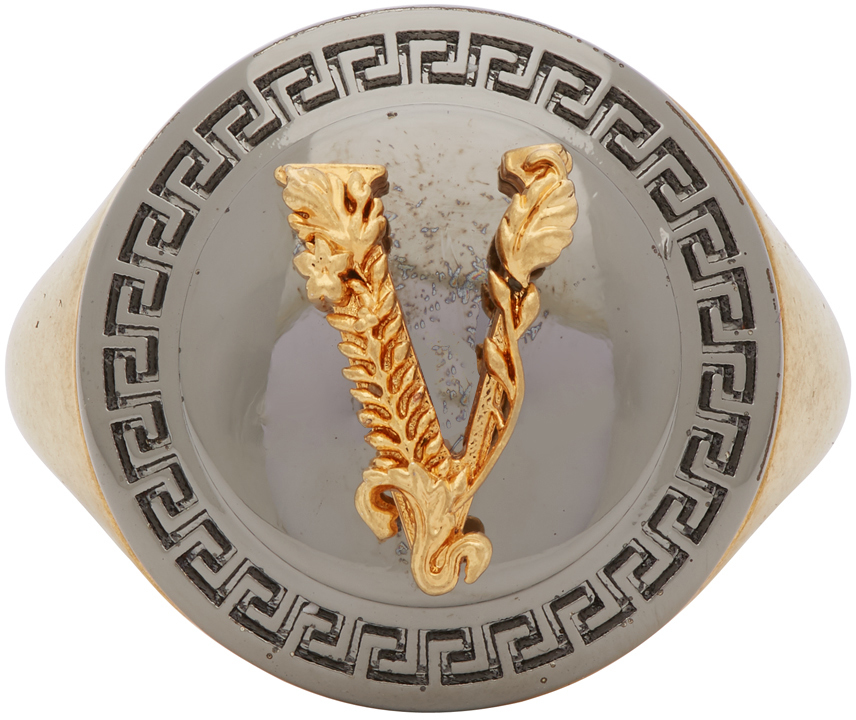 Versace: Gold & Black Virtus Ring | SSENSE