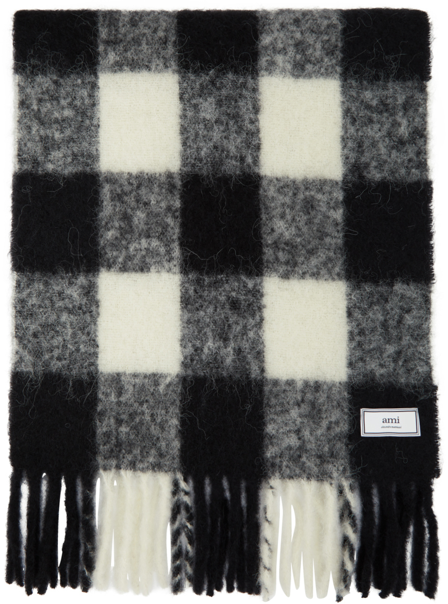 AMI Alexandre Mattiussi: White & Black Mohair Checkered Scarf | SSENSE ...