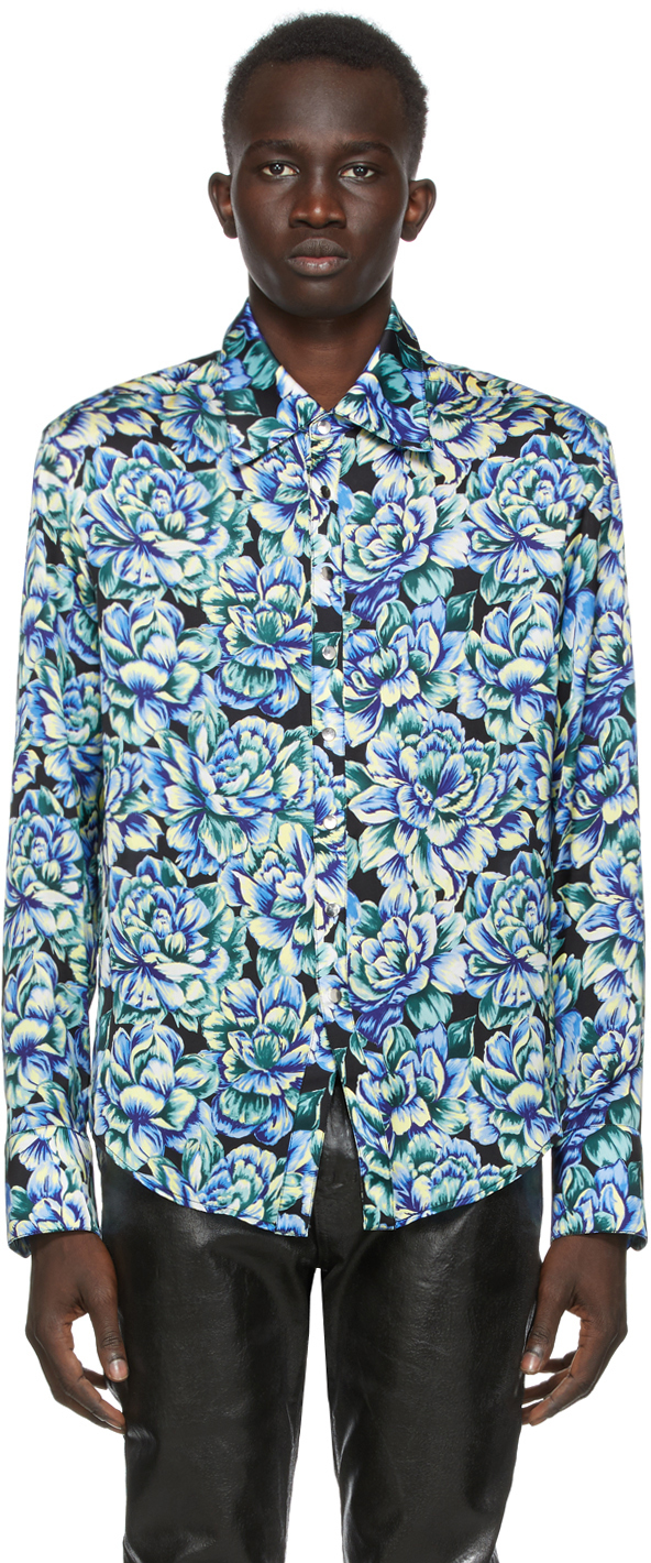 Paco Rabanne: Blue & Black Satin Floral Shirt | SSENSE