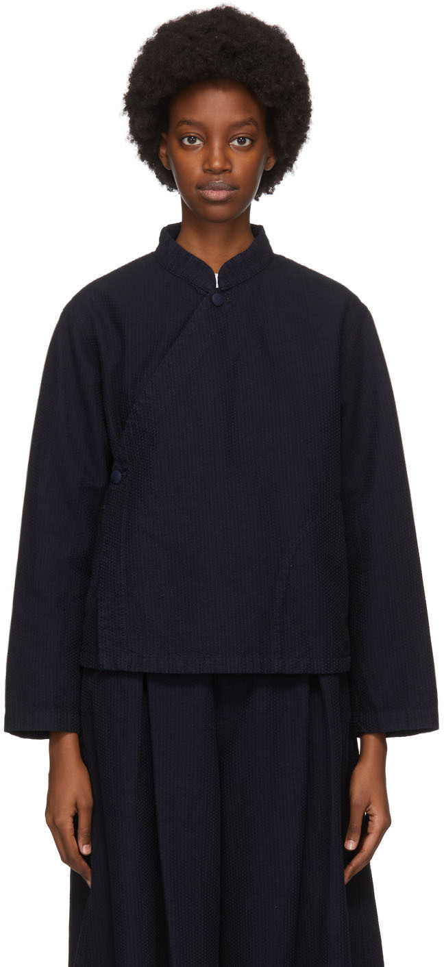 Blue Blue Japan: Navy Yarn-Dyed Sashiko Jacket | SSENSE UK