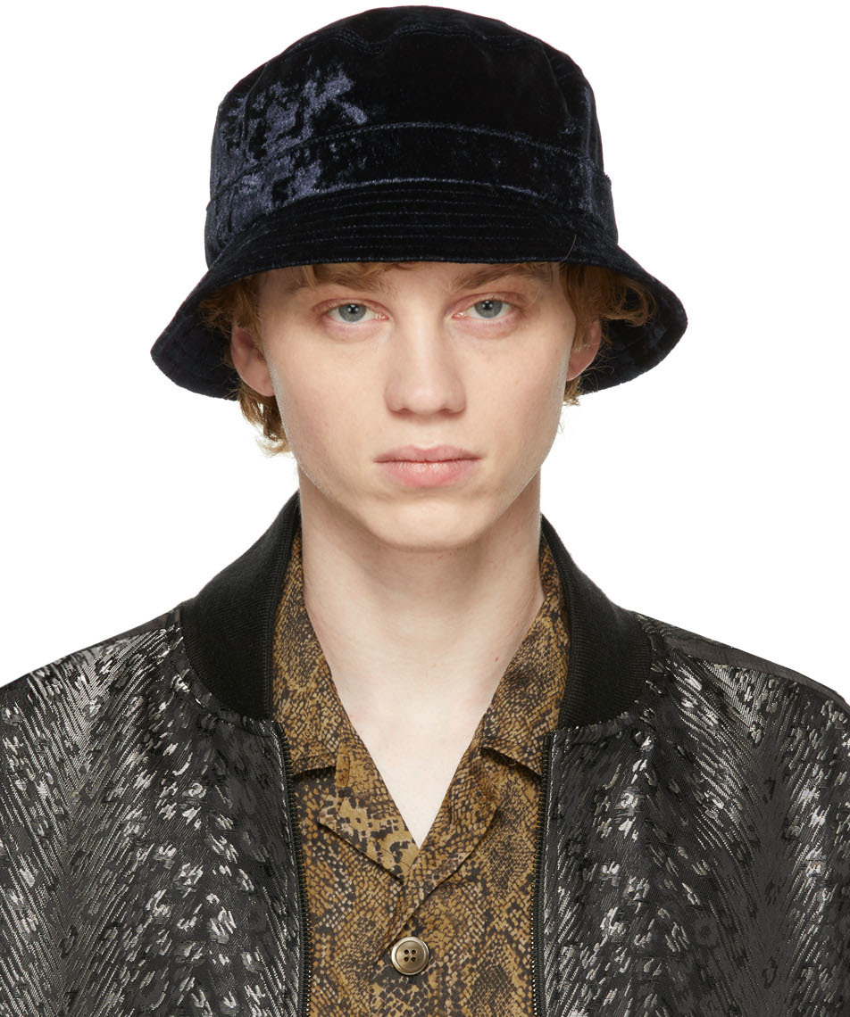 NEEDLES: Navy Crushed Velour Bucket Hat | SSENSE UK