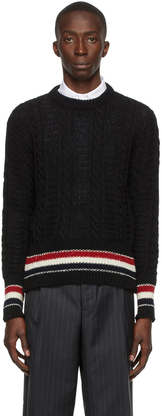 Thom Browne Black Donegal Classic Cable RWB Stripe Sweater