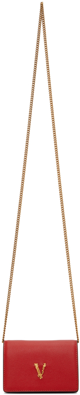 Red Mini Virtus Chain Wallet Bag by Versace on Sale