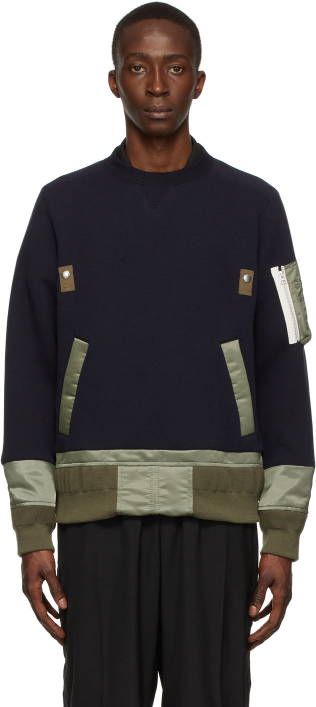 sacai: Pull molletonné bleu marine | SSENSE France
