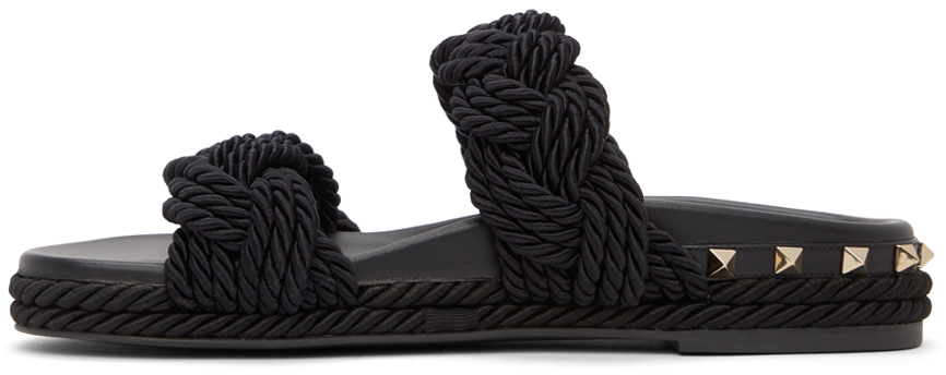 Valentino Garavani Black Rope Rockstud Flat Sandals | Smart Closet