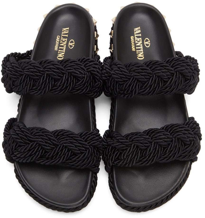 Valentino Garavani Black Rope Rockstud Flat Sandals | Smart Closet