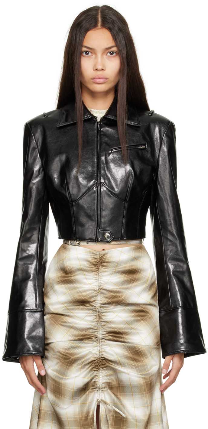 JUNEYEN: Black Corseted Biker Faux-Leather Jacket | SSENSE Canada