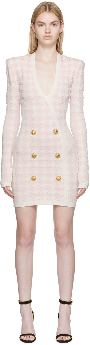 Balmain: Robe courte rose et blanc en nylon | SSENSE France
