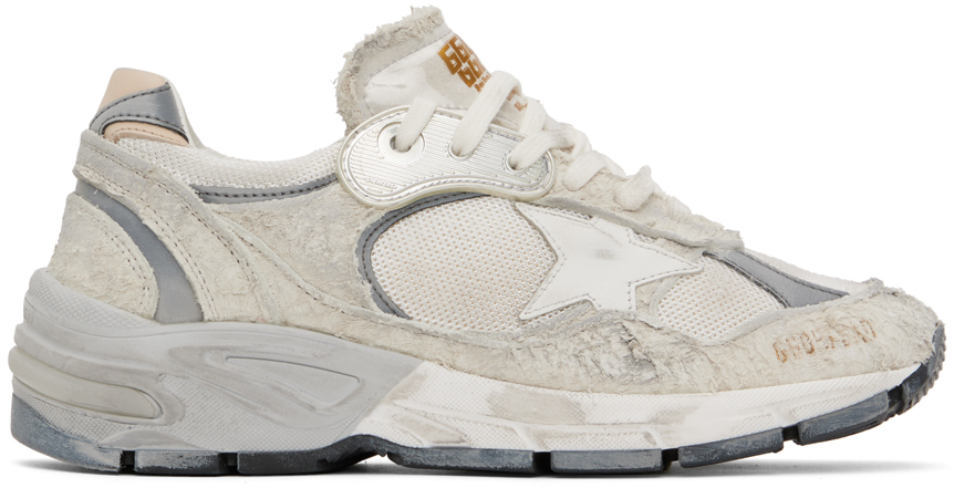 Golden Goose: Baskets Running Dad gris et argenté en filet | SSENSE France