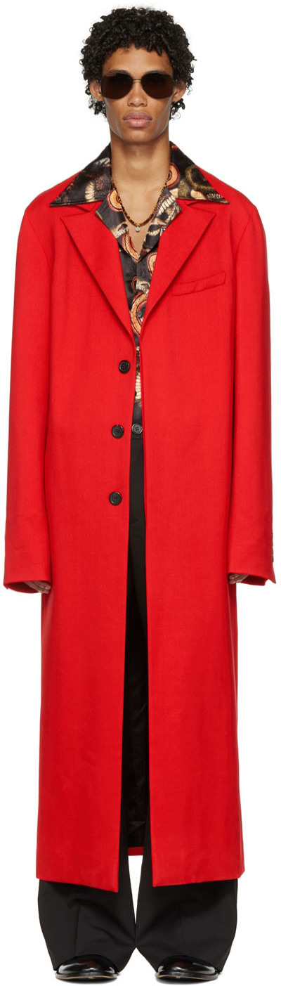Red Straight Slim Coat by LU'U DAN on Sale