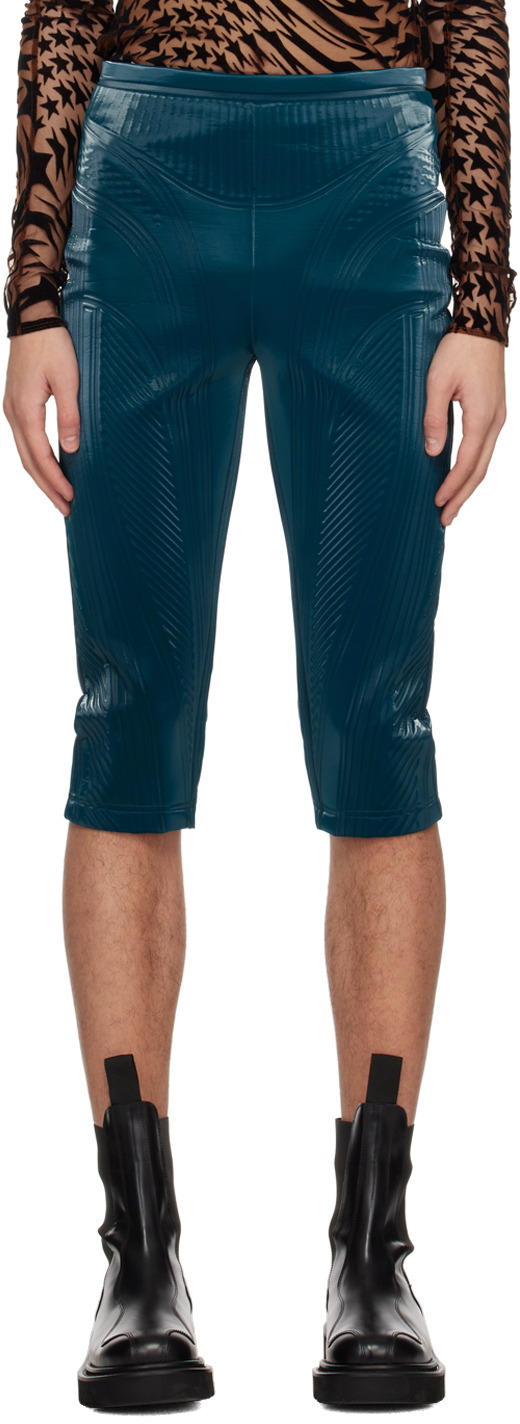 Mugler: Blue Embossed Shorts | SSENSE Canada