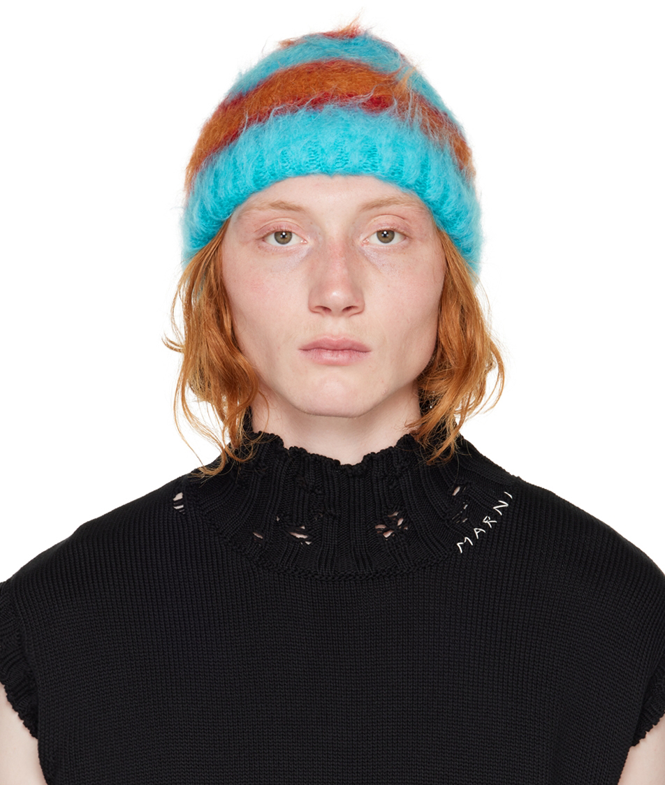 Marni Bonnet Bleu Et Orange En Mohair Ssense France