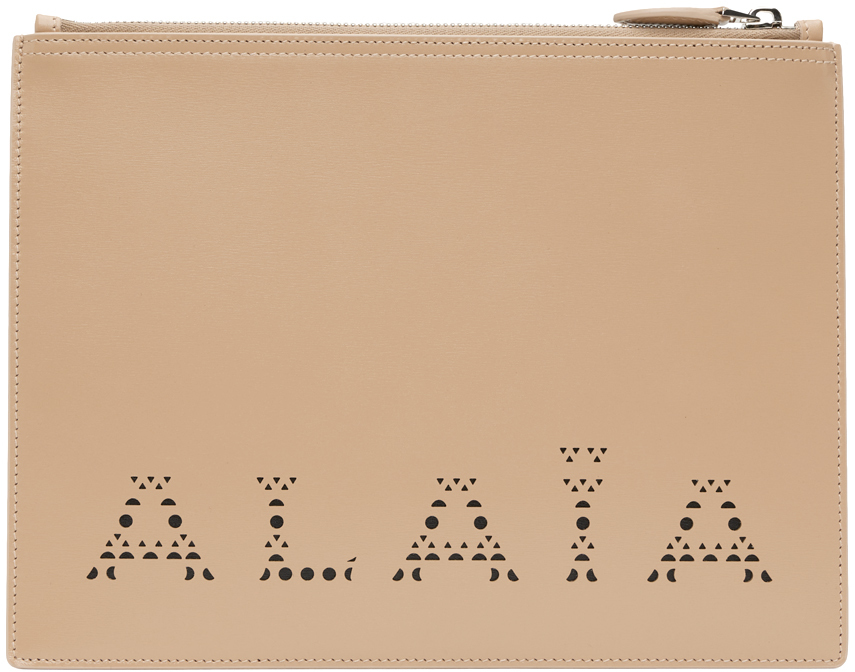 ALAÏA: Tan Large Logo Pouch | SSENSE Canada