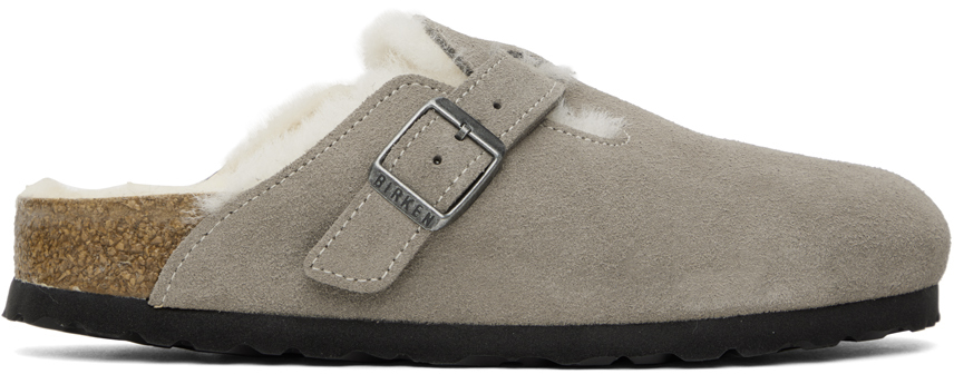 Birkenstock: Gray Shearling Boston Clogs | SSENSE Canada