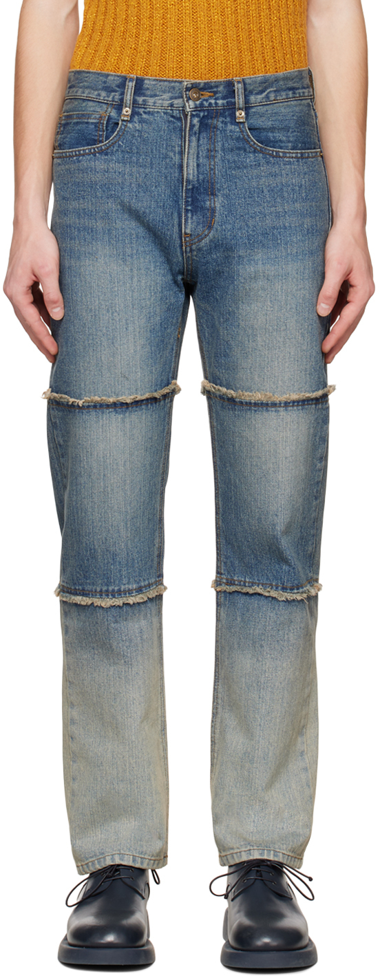 SSENSE Exclusive Blue Block Paneled Jeans by DRAE on Sale