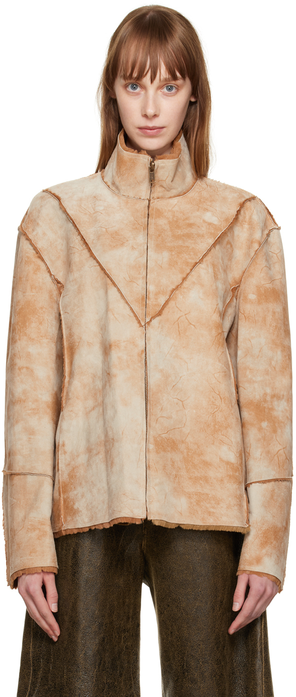 Tan Exposed Seam Suede Jacket by Guess Jeans U.S.A. on Sale