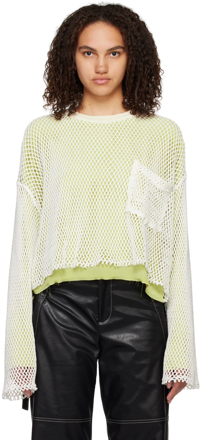 Song for the Mute: White & Green Cropped Sweater | SSENSE Canada
