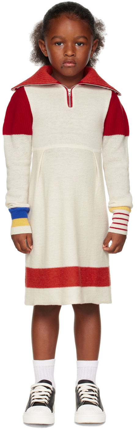 Kids Off-White & Red Funnel Neck Dress by Ligne Noire on Sale
