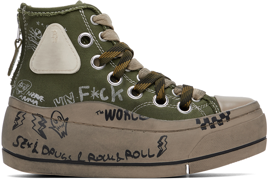 R13 Green Double Grommet Kurt Sneakers In Olive Sateen W/graff | ModeSens