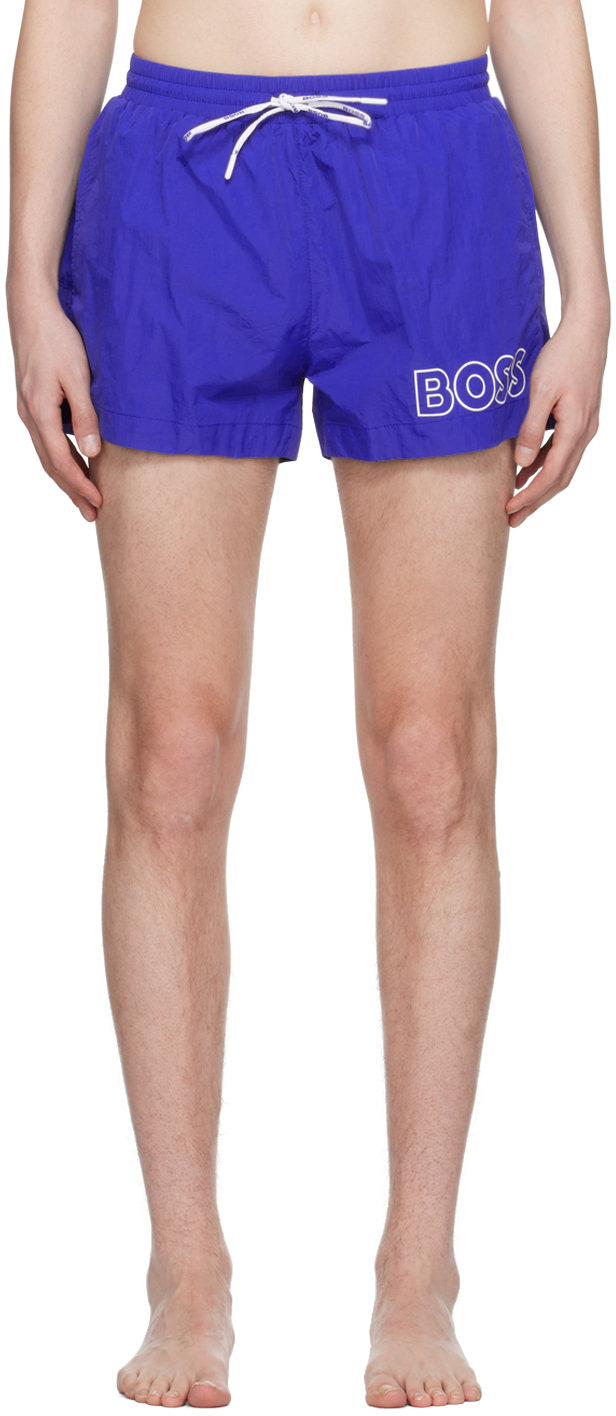 Blue Printed Swim Shorts by BOSS on Sale