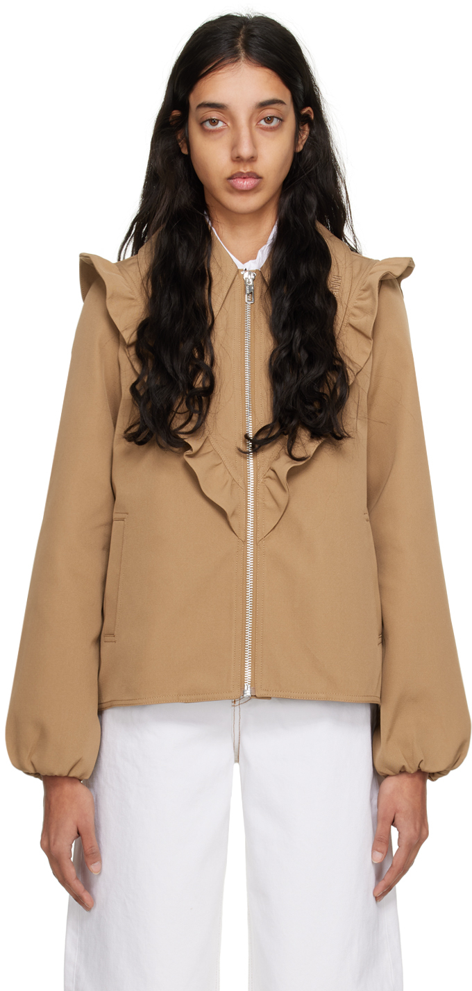 GANNI: Tan Frill Jacket | SSENSE Canada