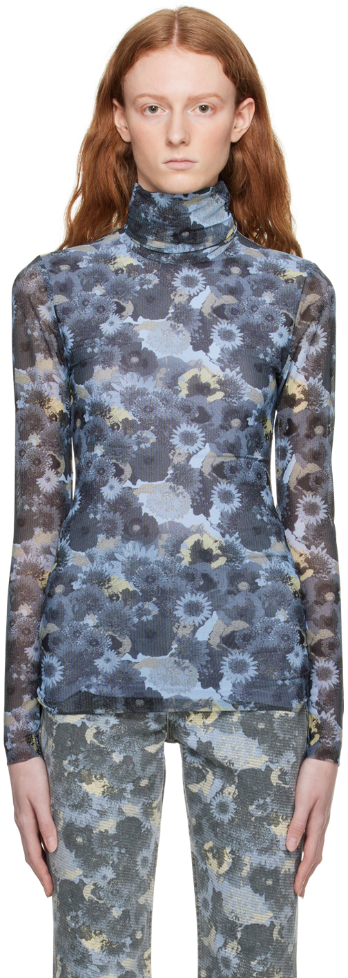 Ganni Col Roulé Bleu à Motif Fleuri Ssense France