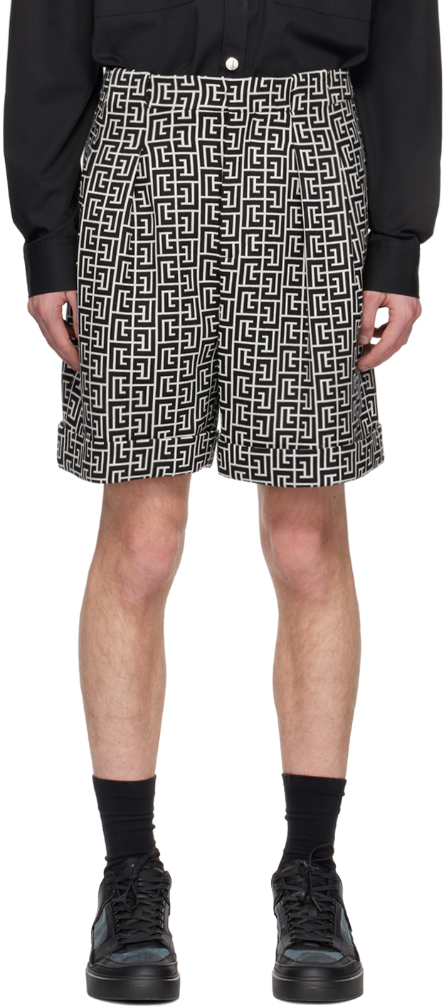 Balmain: Short noir et blanc à monogrammes | SSENSE France